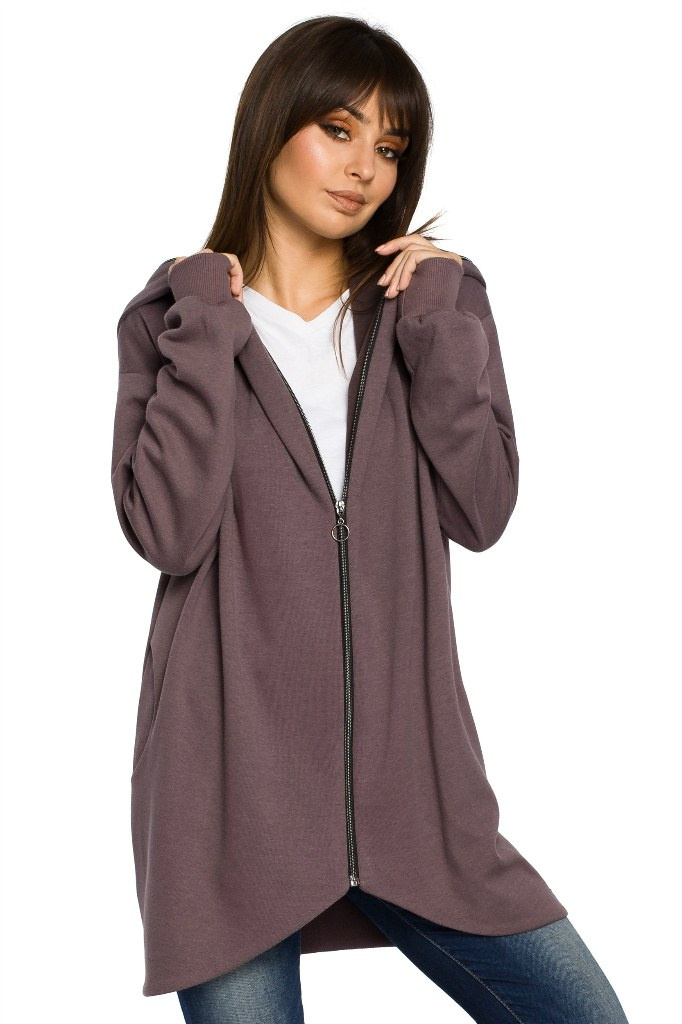 Długa bluza damska oversize rozpinana z kapturem brązowa B054 Długa bluza damska oversize rozpinana z kapturem brązowa B054